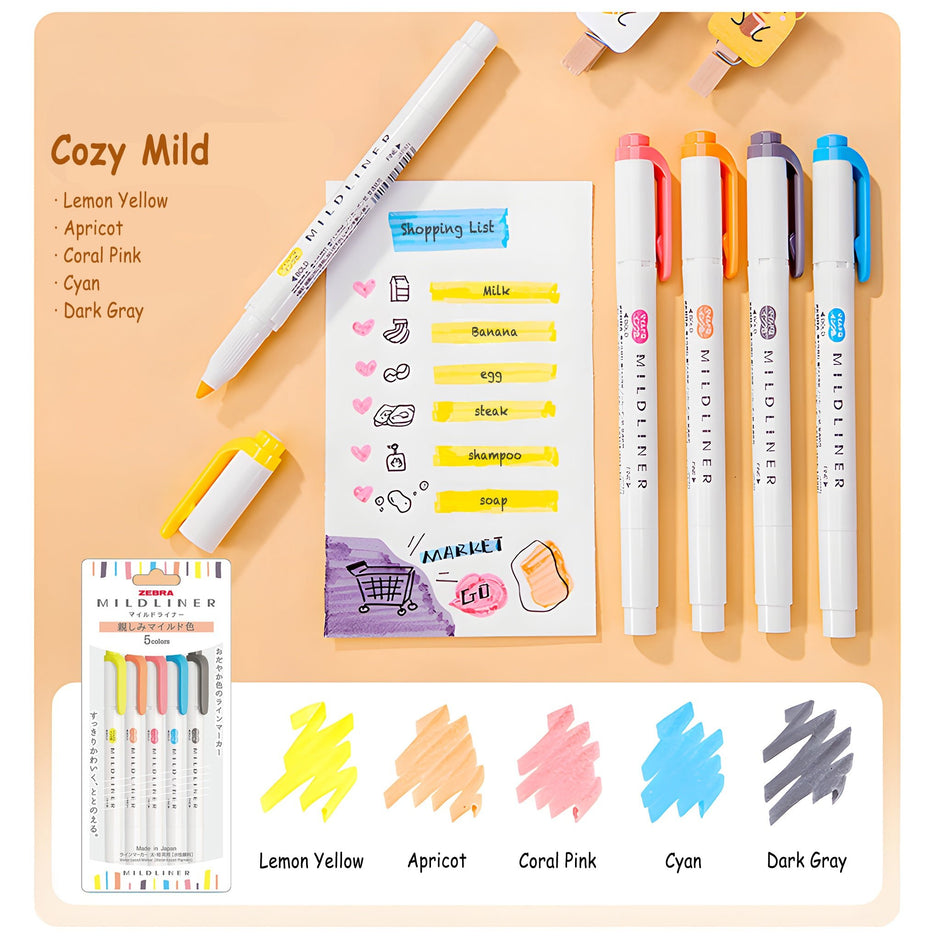 Zebra Mildliner Highlighter Set of 5 - Refreshing Mild Colors ...